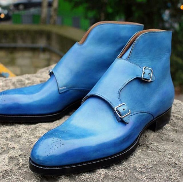 Handmade Double Monk Boot, Men's Straps Blue Color Leather Fashion Boot ...