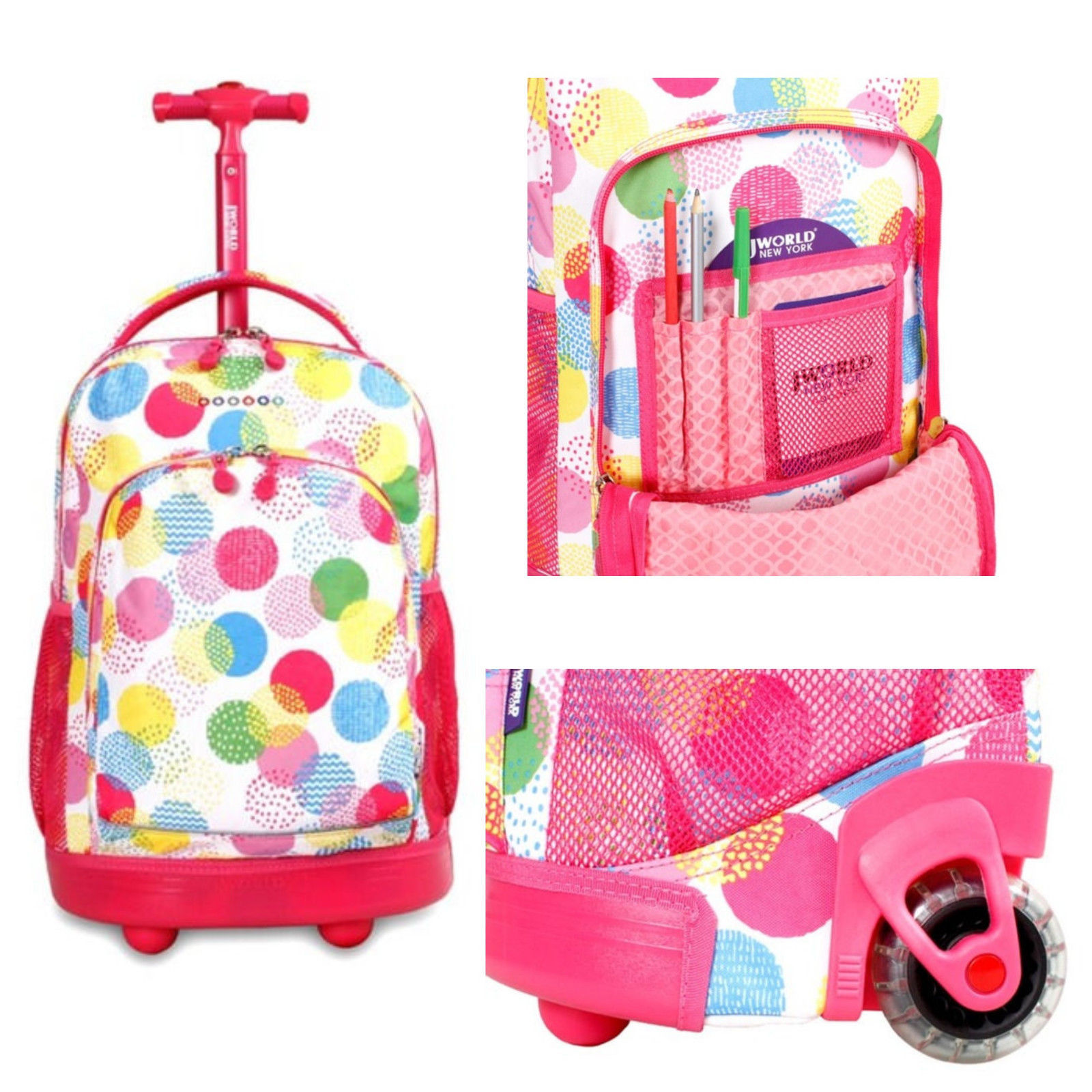 Girls Rolling Backpack Wheeled School Book-Bag Pink Carry On Travel ...