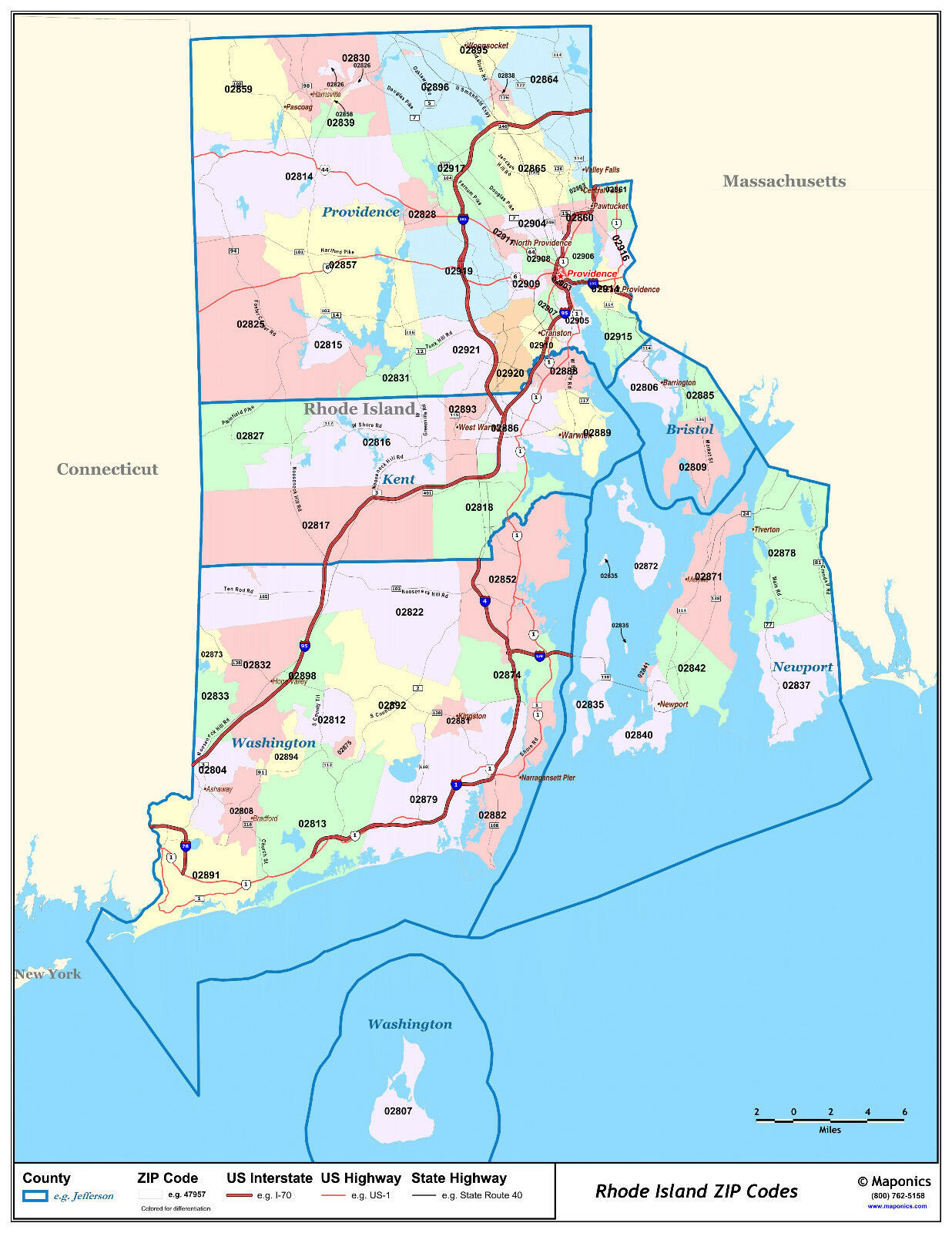 Rhode Island State Zipcode Laminated Wall Map - US