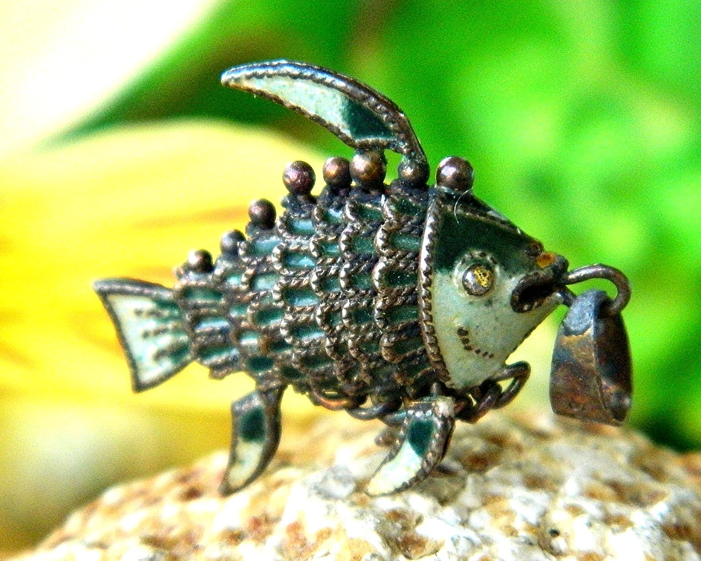 Vintage Fish Koi Articulated Chinese Charm Pendant Enamel Green Silver ...