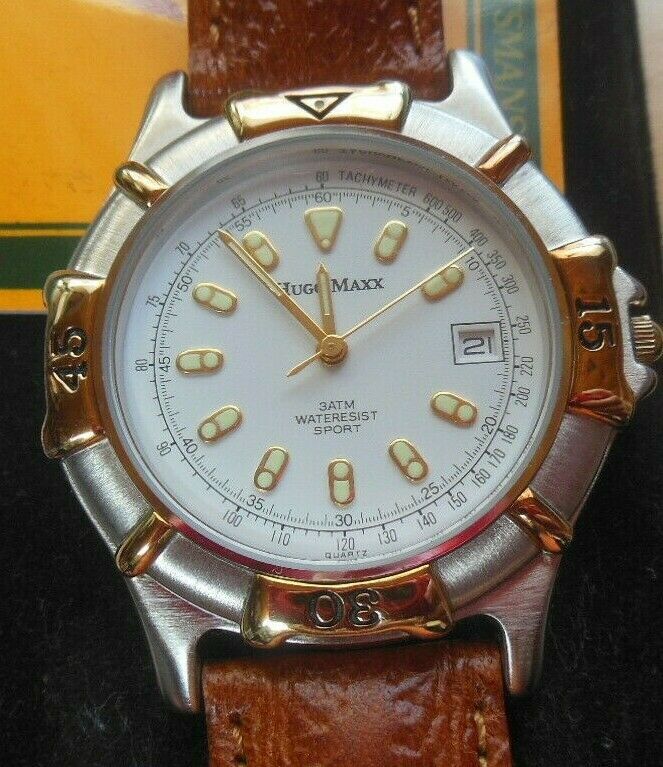 Hug Maxx Watch 18K GP Men's Leather Band NOS Needs Battery Replaced 9.1 ...