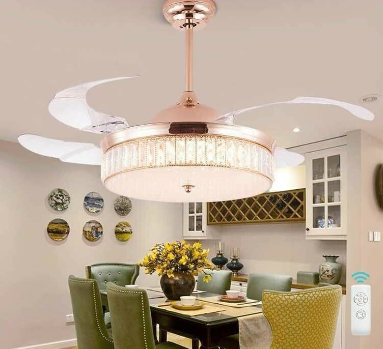Crystal Gold LED Remote Control Retractable Ceiling Fan Pendant Light ...