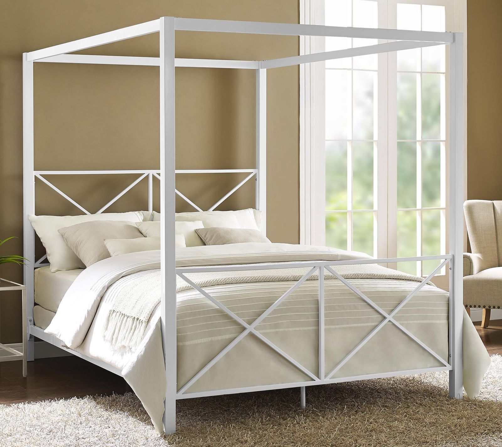 Full Queen White Metal Canopy Bed Frame Criss Cross Headboard Footboard Full Queen White Metal Canopy Bed Frame Criss Cross Headboard Footboard