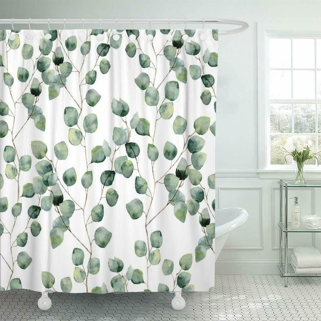 Eucalyptus Watercolor Leaves Shabby Chic Fabric Shower Curtain