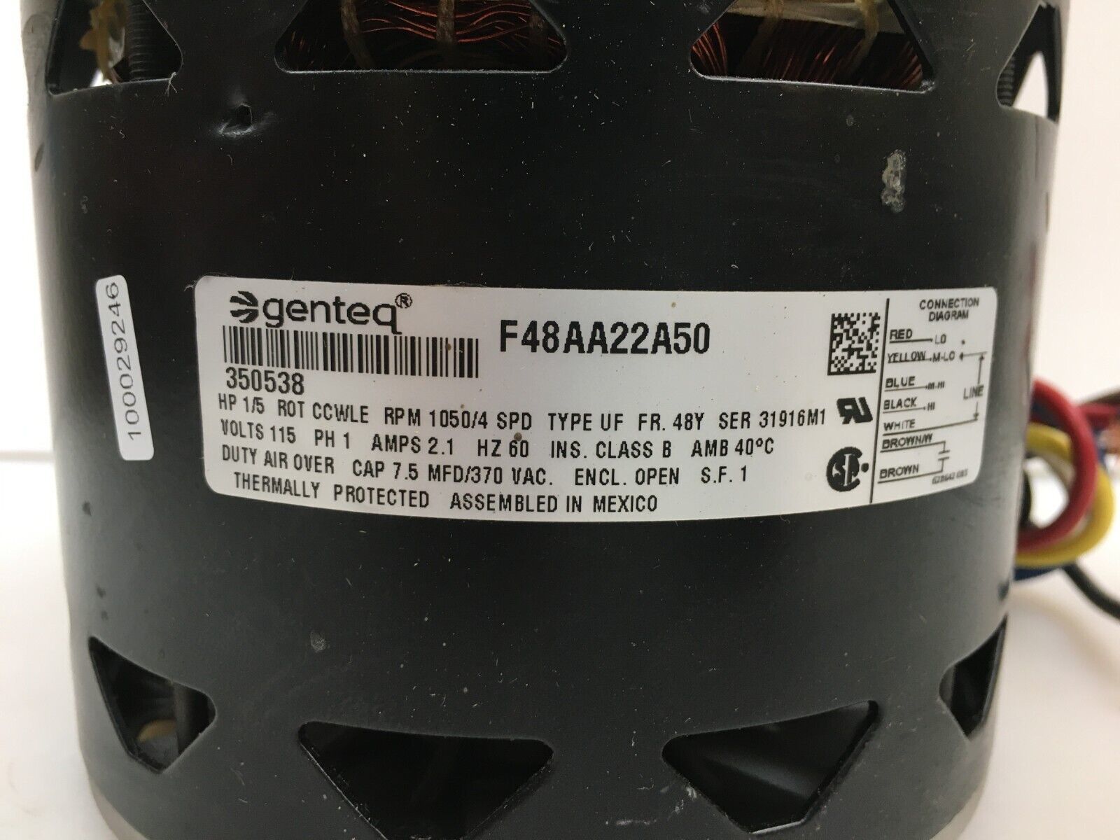 Genteq F48AA22A50 Blower Motor 1/5HP 1050RPM 4SPD 115V 1PH 350538 used ...