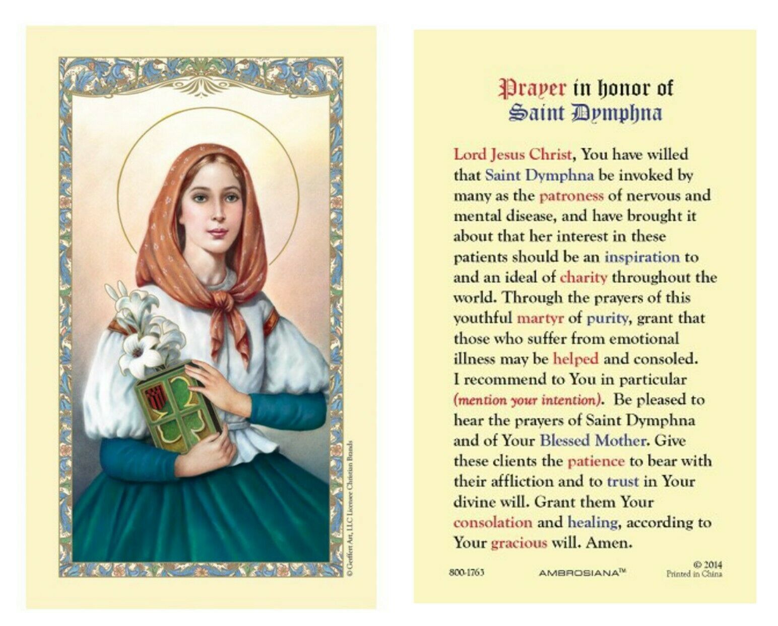 Laminated St. Dymphna Prayer Holy Card - Patron Saint of Mental Illness Catholic - Holy Cards