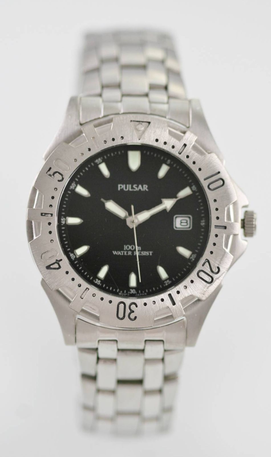Pulsar Watch Mens Date Stainless Steel Silver 100m Water Resistant Gray ...