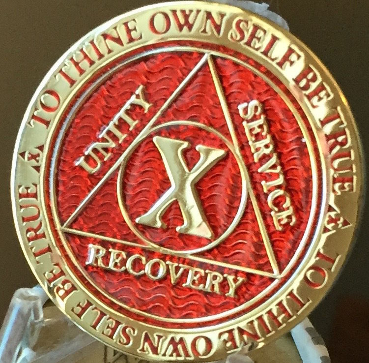 10 Year AA Medallion Red Gold Plated Alcoholics Anonymous Sobriety Chip ...