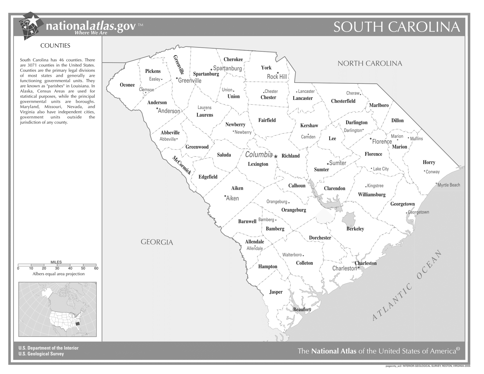 South Carolina State Counties w/Cities (Black&White) Laminated Wall Map ...