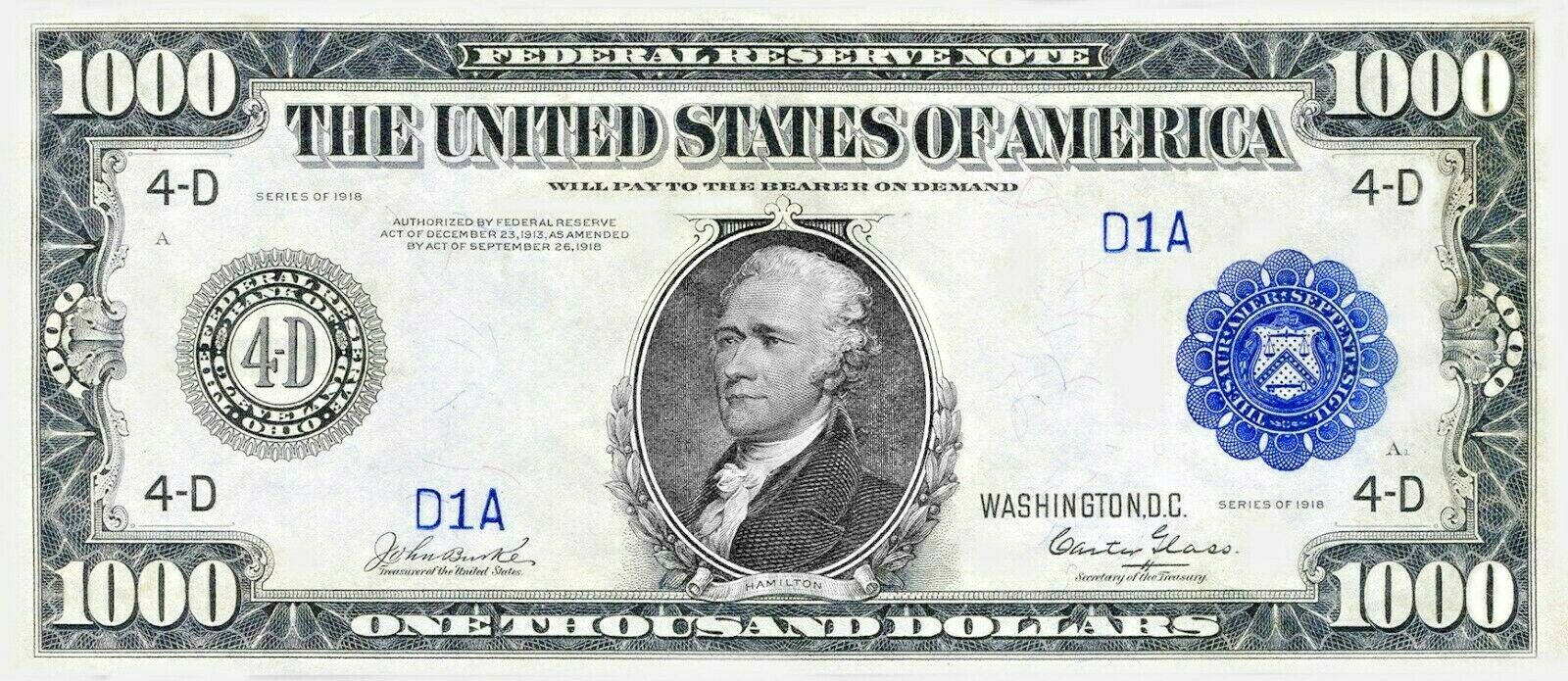 Reproduction US $1000 Dollar Bill, Series 1918 / Large Size Horse ... Reproduction US $1000 Dollar Bill, Series 1918 / Large Size Horse ...