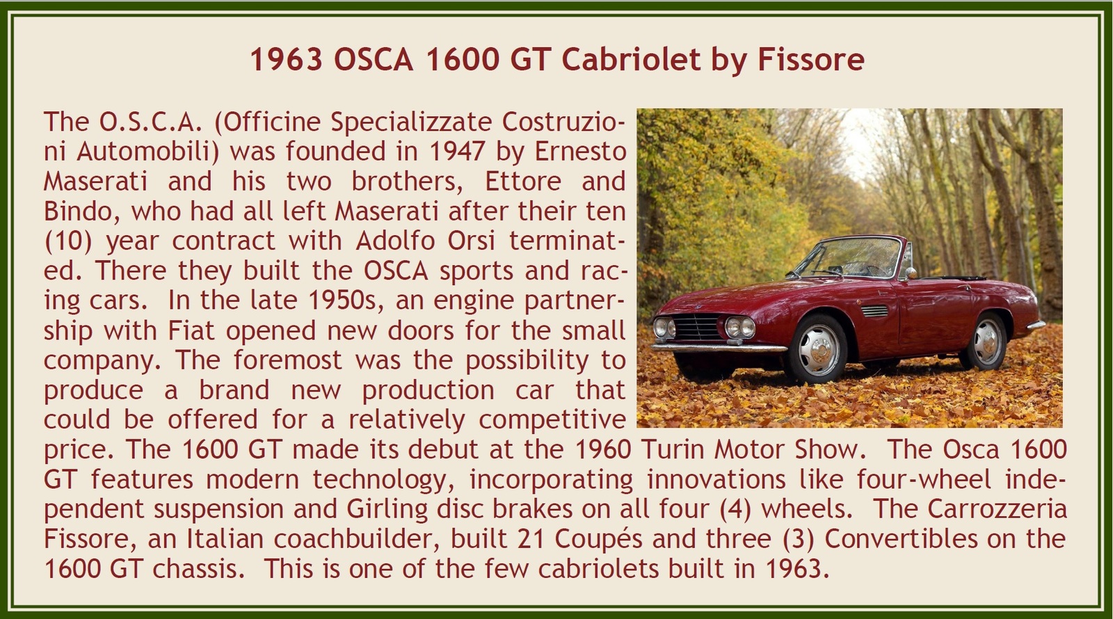 1963 OSCA 1600 GT Cabriolet by Fissore - 1:43 scale - Esval - Model ...
