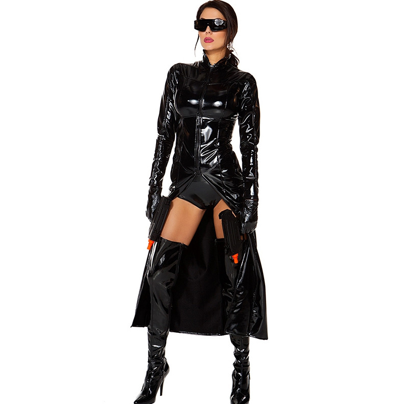Womens Matrix Trinity Wetlook Faux Latex Cosplay Halloween Costume Coat