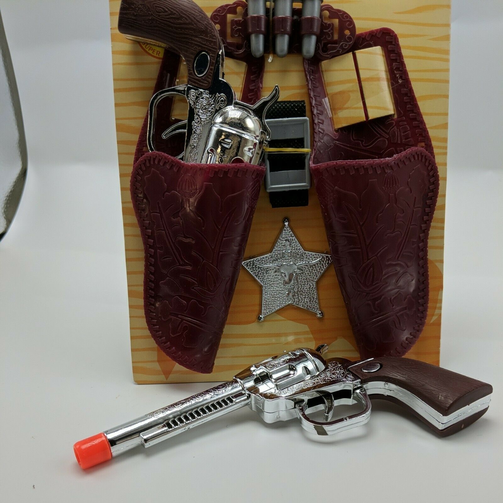 Toy Six Gun Set With Belt, Plastic Holsters, and Sheriff Badge - Other