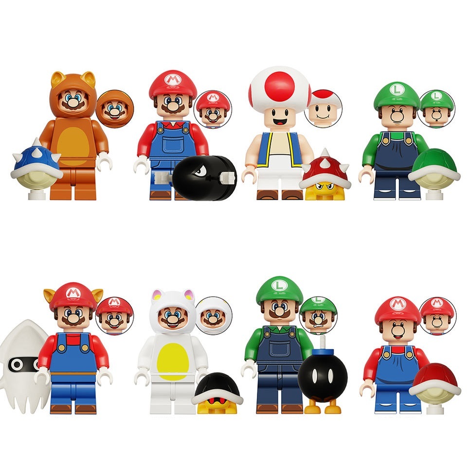 8pcs Super Mario Brothers Minifigures Set Baby Mario Luigi Toad Tanooki ...