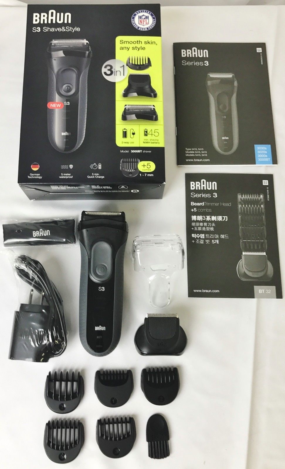 Braun S3 Shave & Style 3000BT Wet & Dry Shaver + Trimmer Head 3-in-1 ...