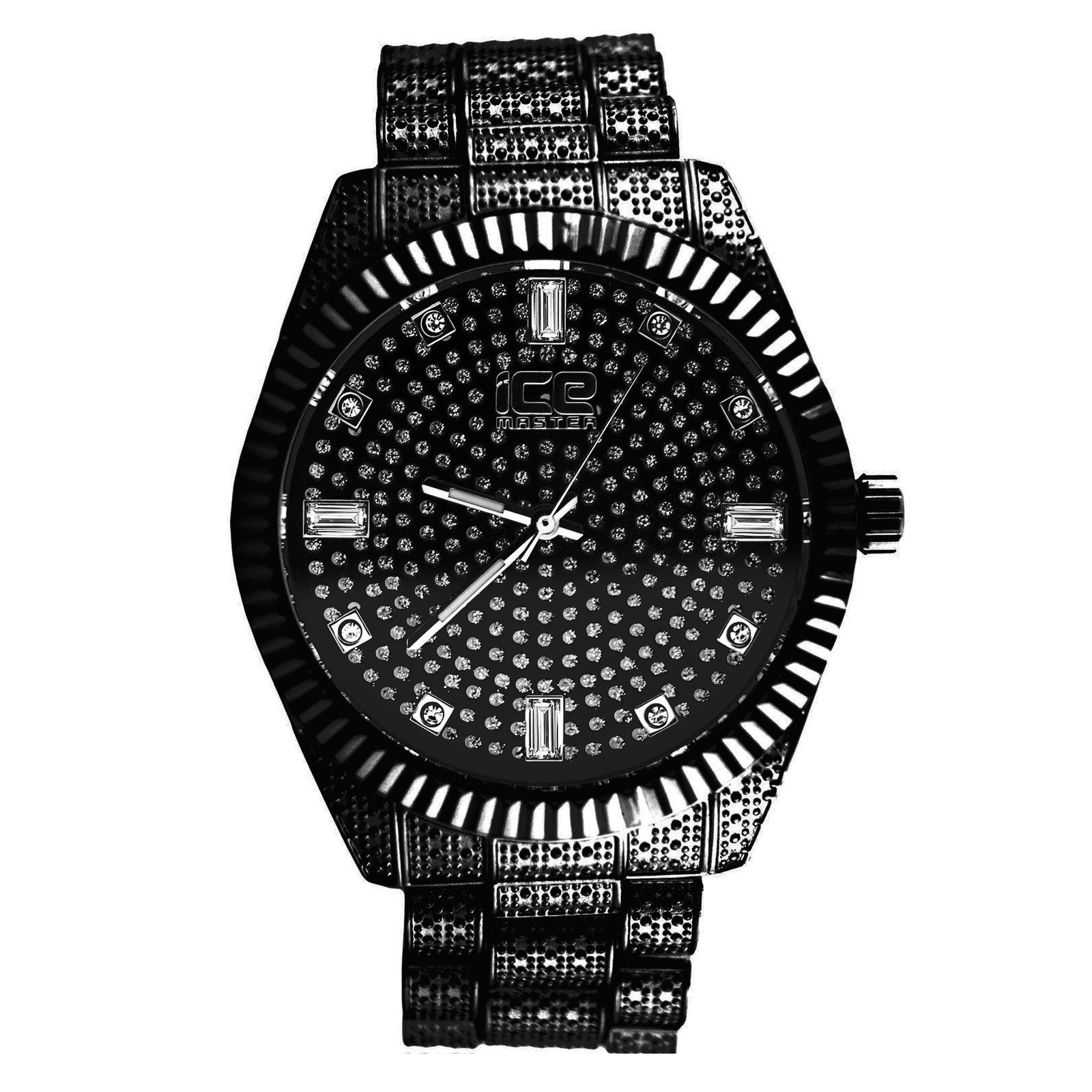 Black Pave Dial Fluted Bezel Classic Bling Metal Watch - Watches