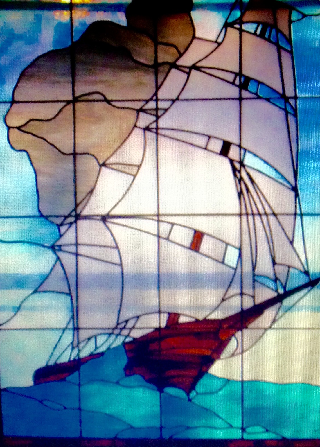 1880-1920 Arts and Crafts Stained Glass Window of Galleon in Original ...