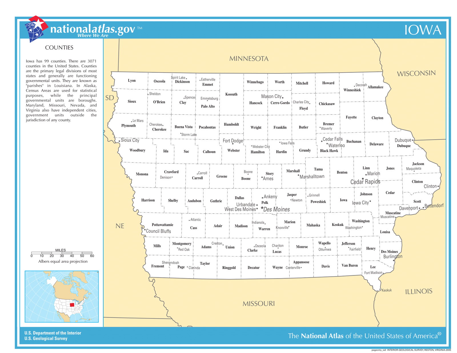 Iowa State Counties w/Cities Laminated Wall Map - US