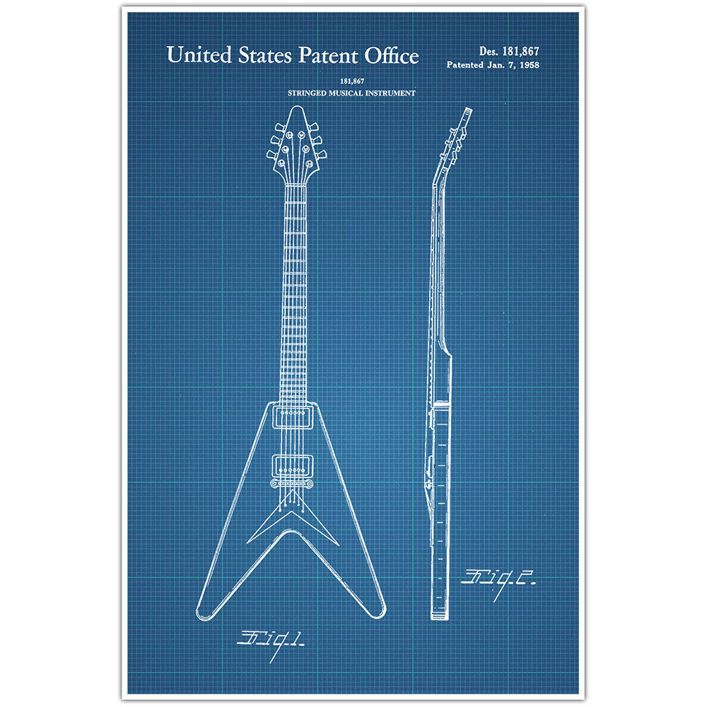 Flying V Guitar Patent Blueprint , Musical Instrument Photo Art ...