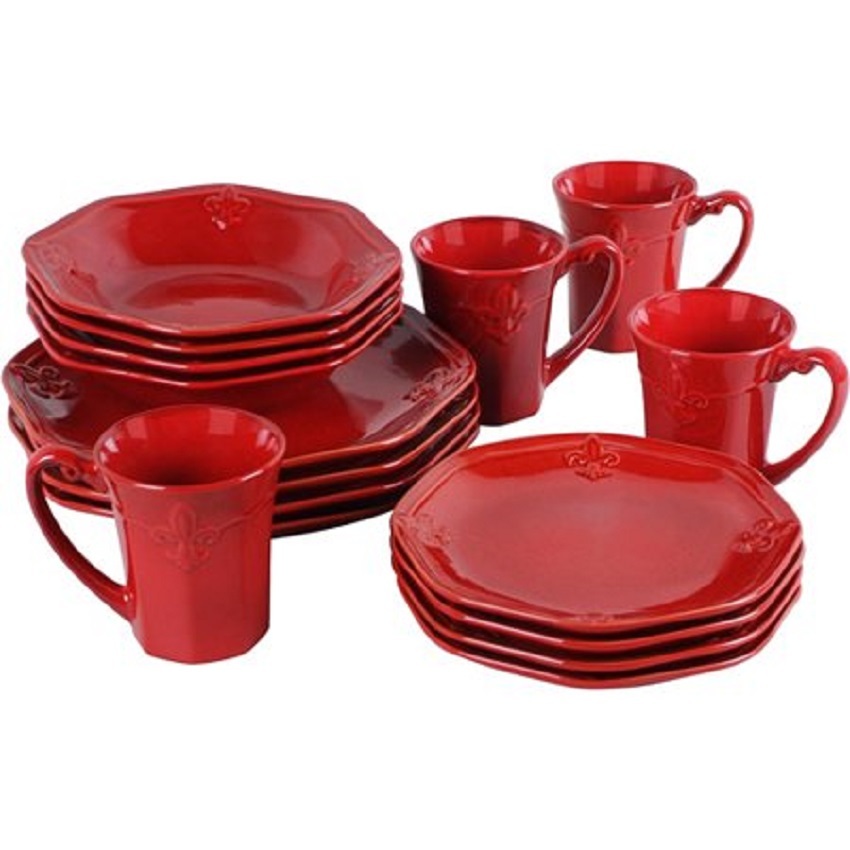 Red Fleur De Lis Crest Fluted 16 Piece Ceramic Dinnerware Set ...