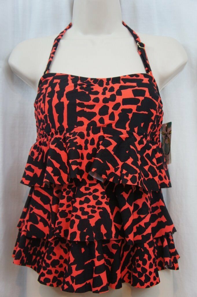Island Escape Tankini Sz 8 Coral Black Halter Tiered Bandini Swim