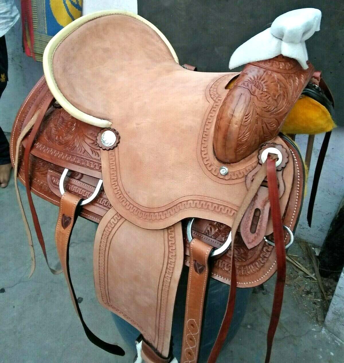 Western Brown Rough Out Leather Hand carved Roper Ranch Saddle :(13 ...
