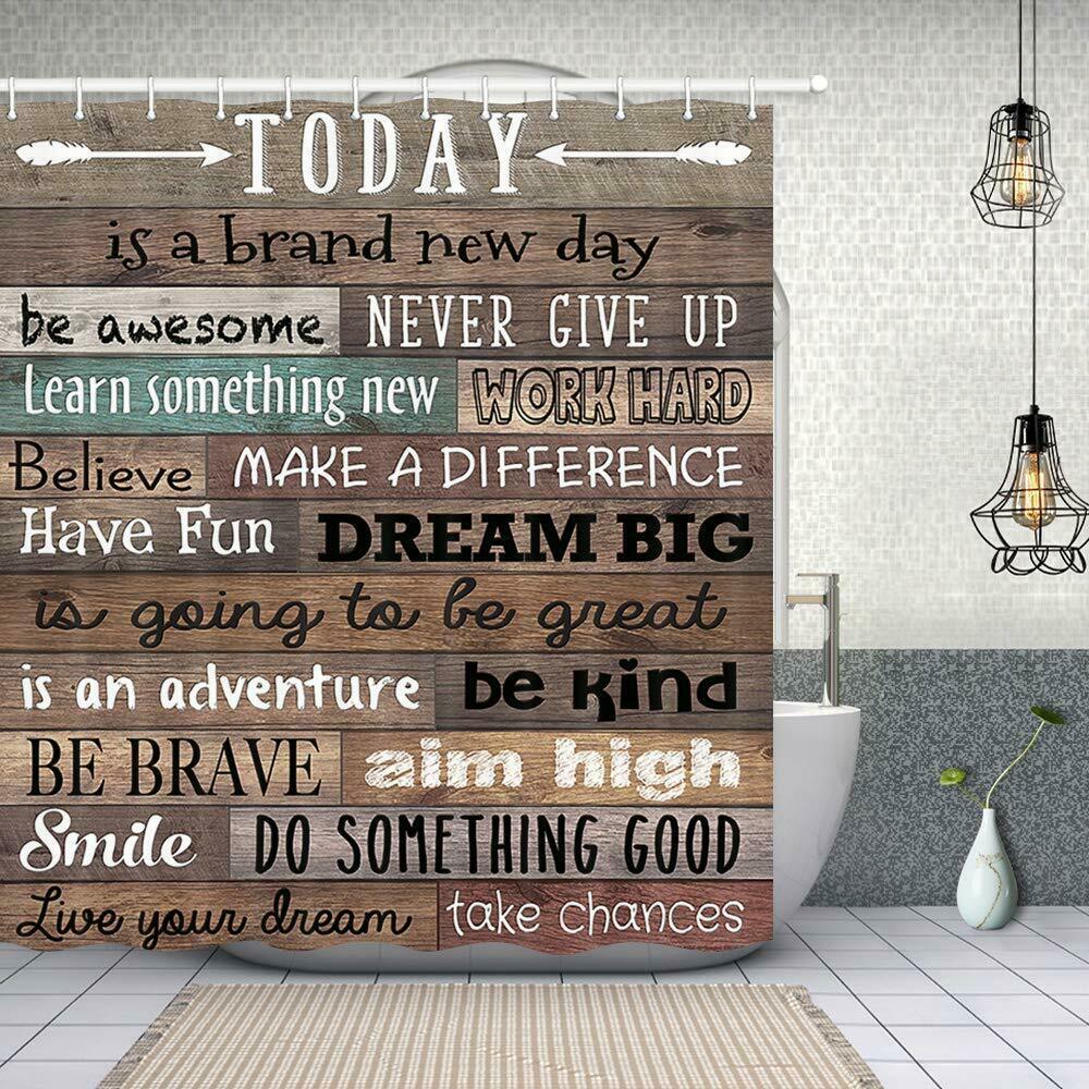 Rustic Farmhouse Inspirational Motivational Quotes Wood Fabric Shower