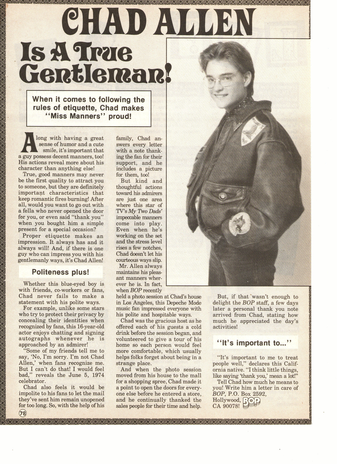 Chad Allen teen magazine pinup clipping is a true gentleman Bop ...