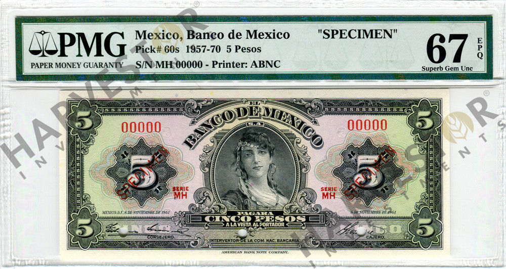 1957-1970 MEXICO 5 PESOS SPECIMEN BANKNOTE - CERTIFIED PMG 67 EPQ ...