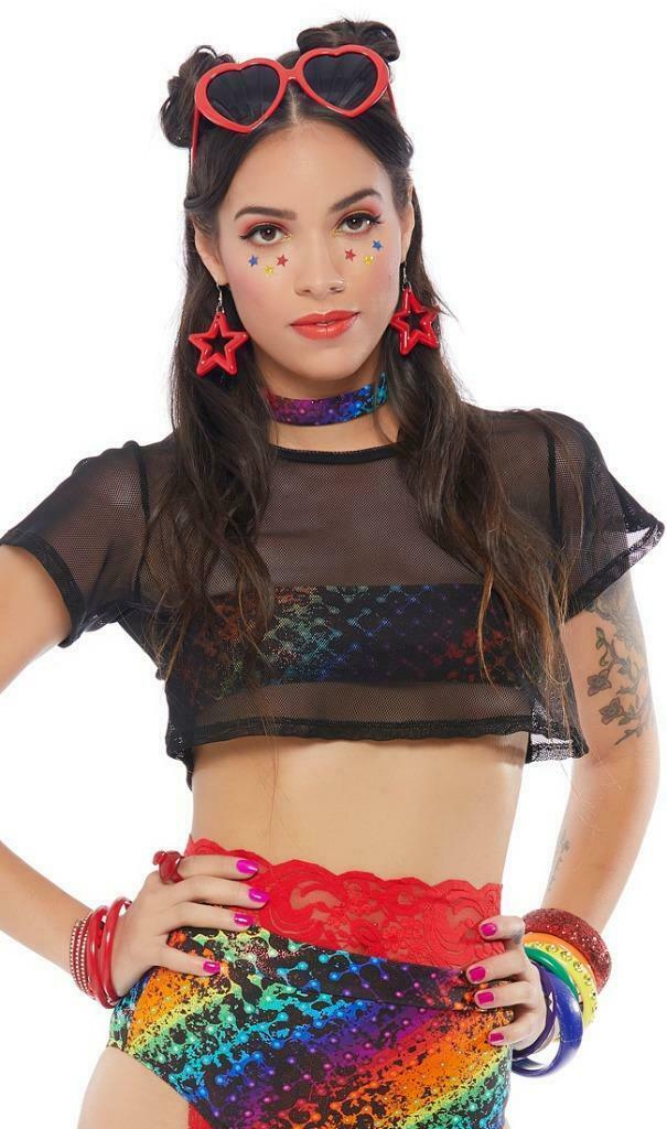 Mesh Crop Top Metallic Rainbow Stripe Sheer Short Sleeve Rave Club ...
