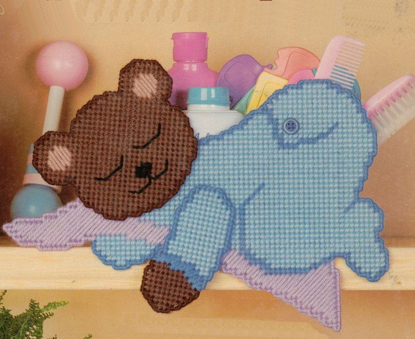 Plastic Canvas Shelf Sitter Storage Organizers Cat Puppy Teddy Bear Cow ...