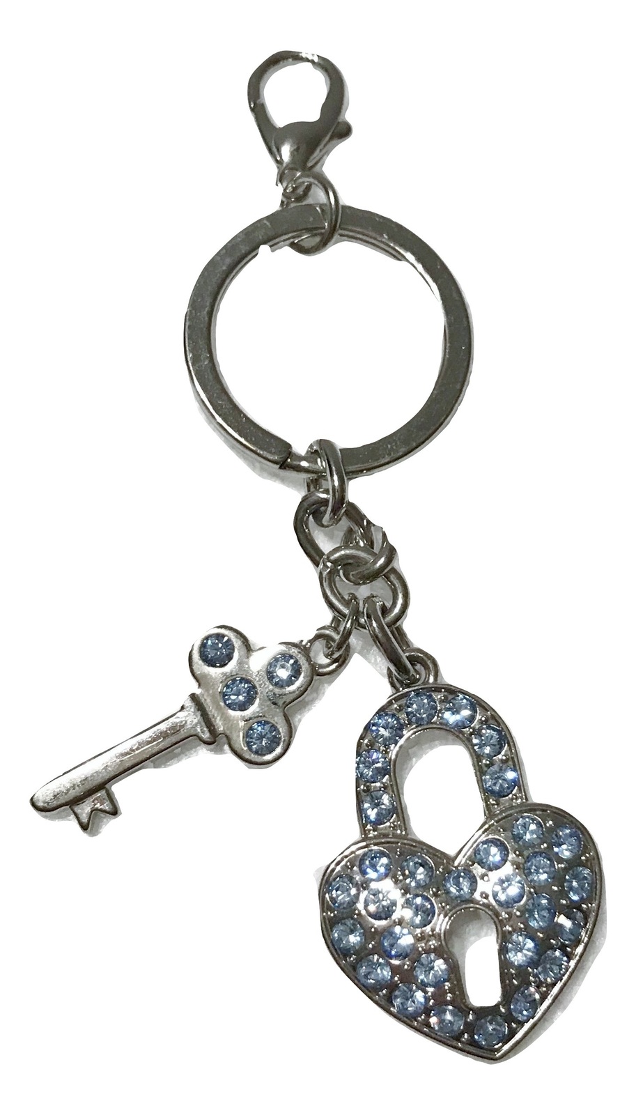 Argentosc Heart Lock & Key Silvertone Crystal Key Ring Chain with Blue ...