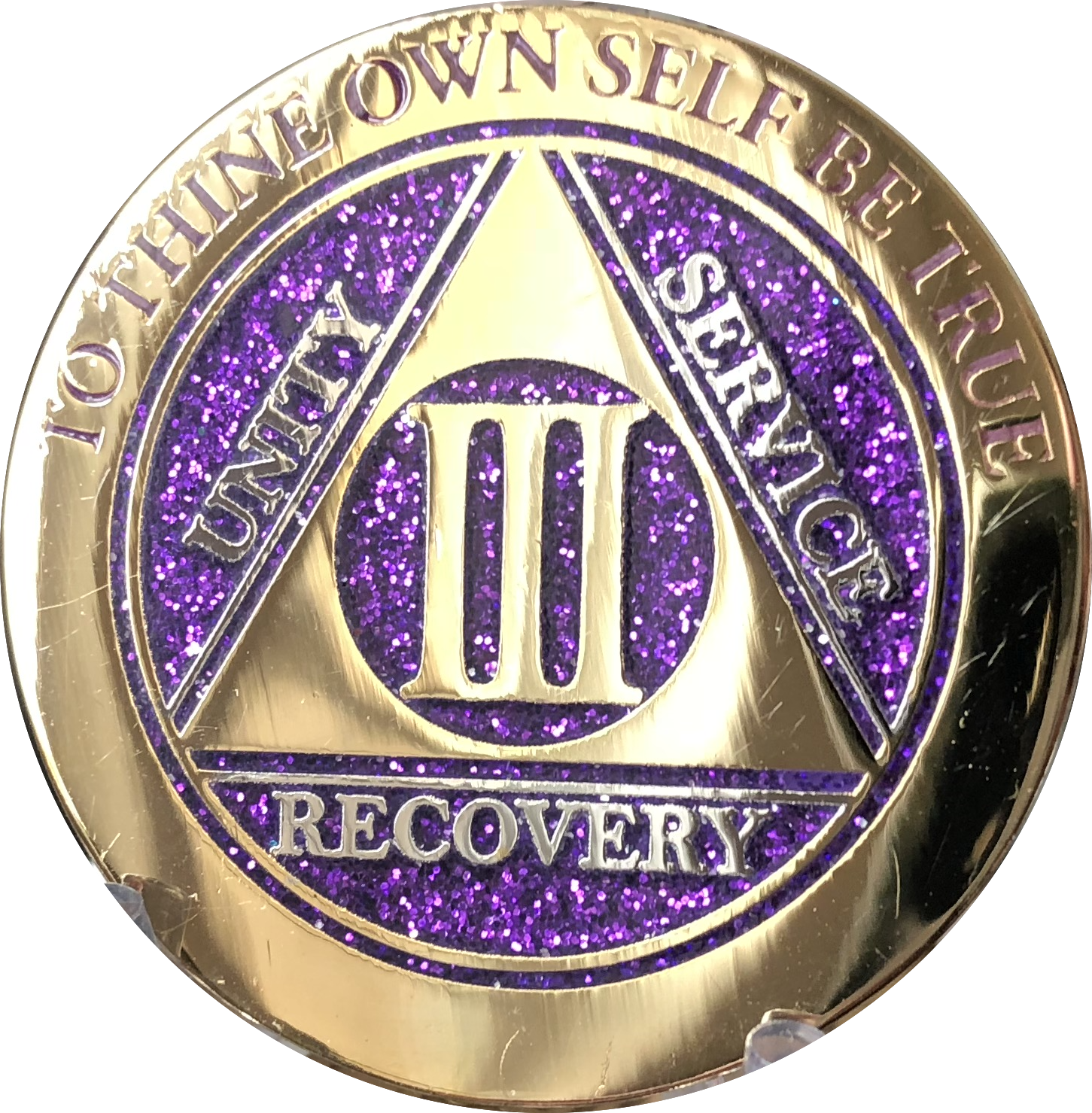 3 Year AA Medallion Elegant Glitter Purple Gold Plated Sobriety Chip ...
