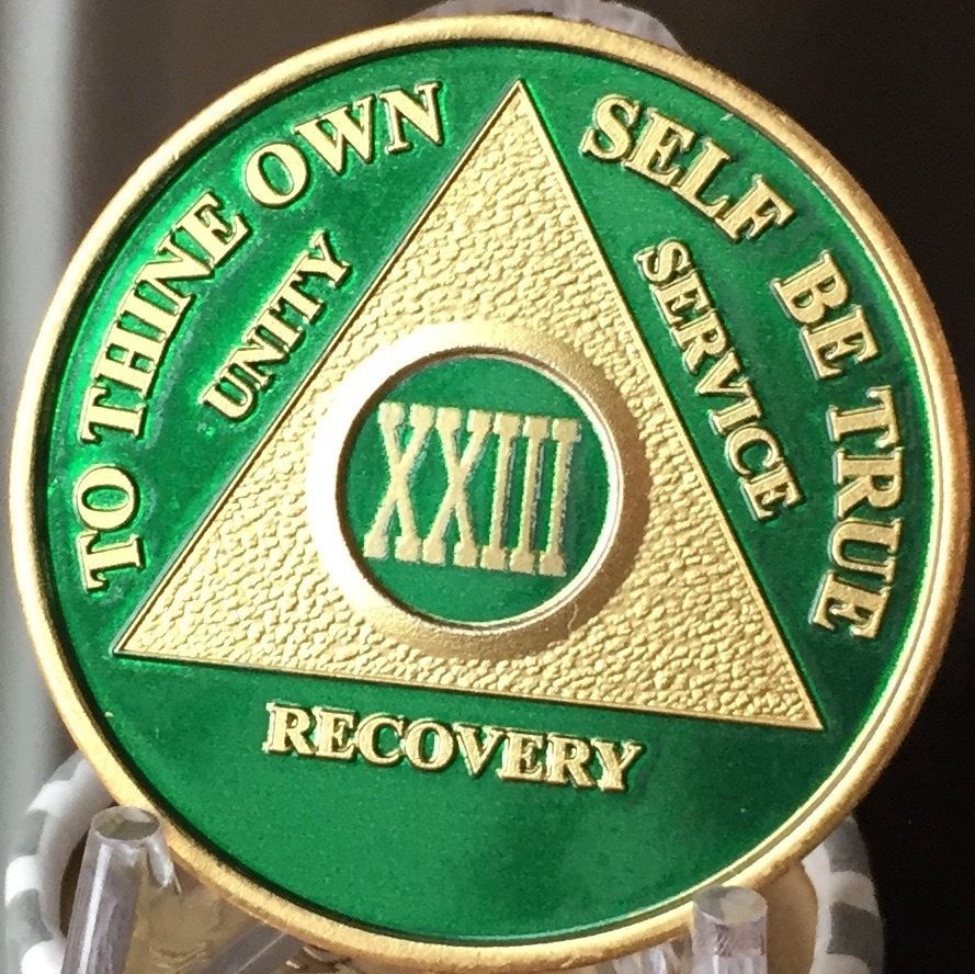 23 Year AA Medallion Green Gold Plated Alcoholics Anonymous Sobriety ...