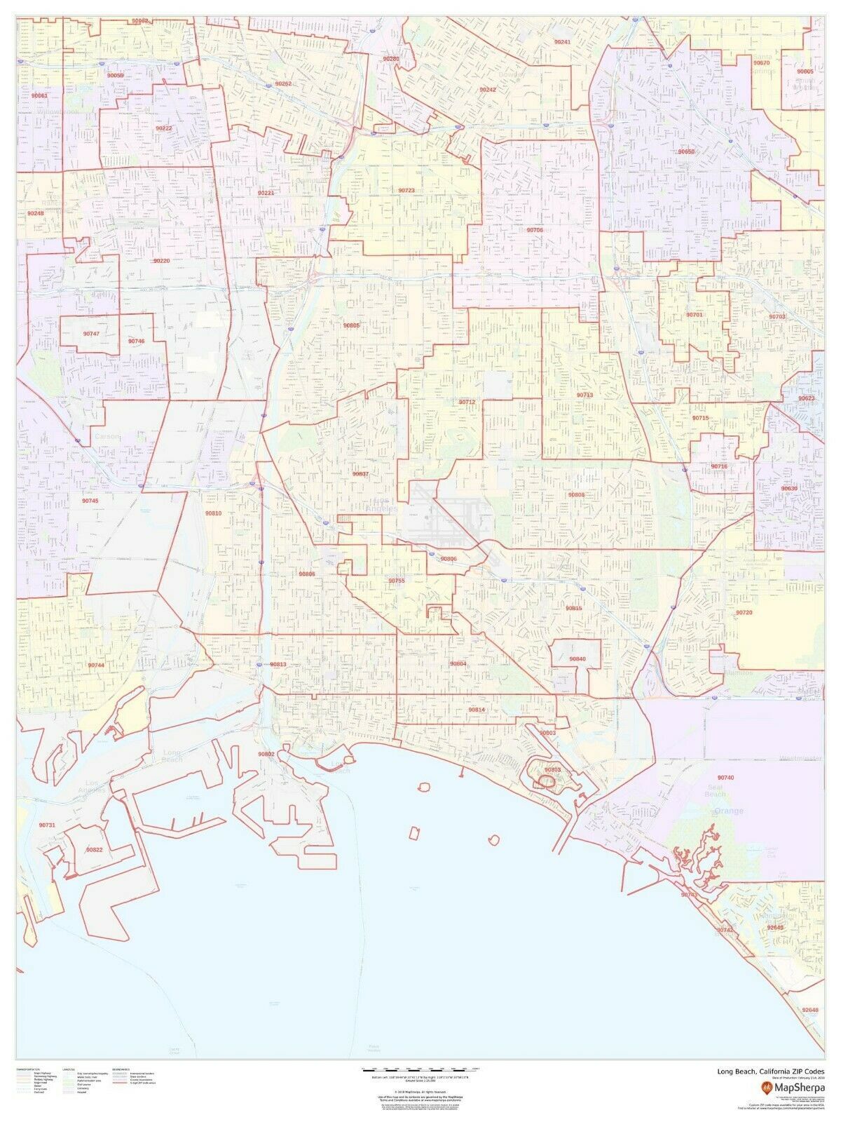 Long Beach, California ZIP Codes Laminated Wall Map (MSH) - US