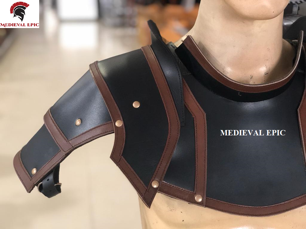 Leather Shoulder Armor Pauldrons with Neck Guard Gorget (Black, Medium ...